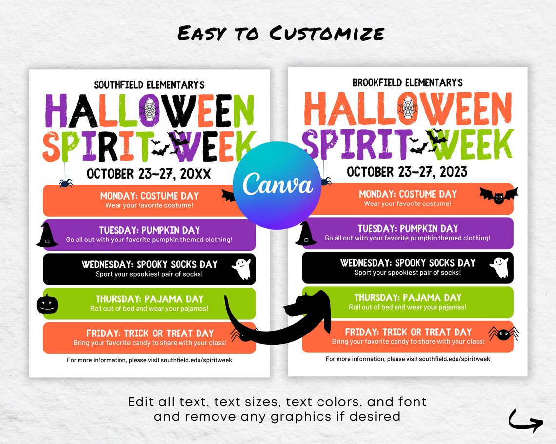Editable Halloween Spirit Week Flyer: School Theme Days (canva, Digital ...