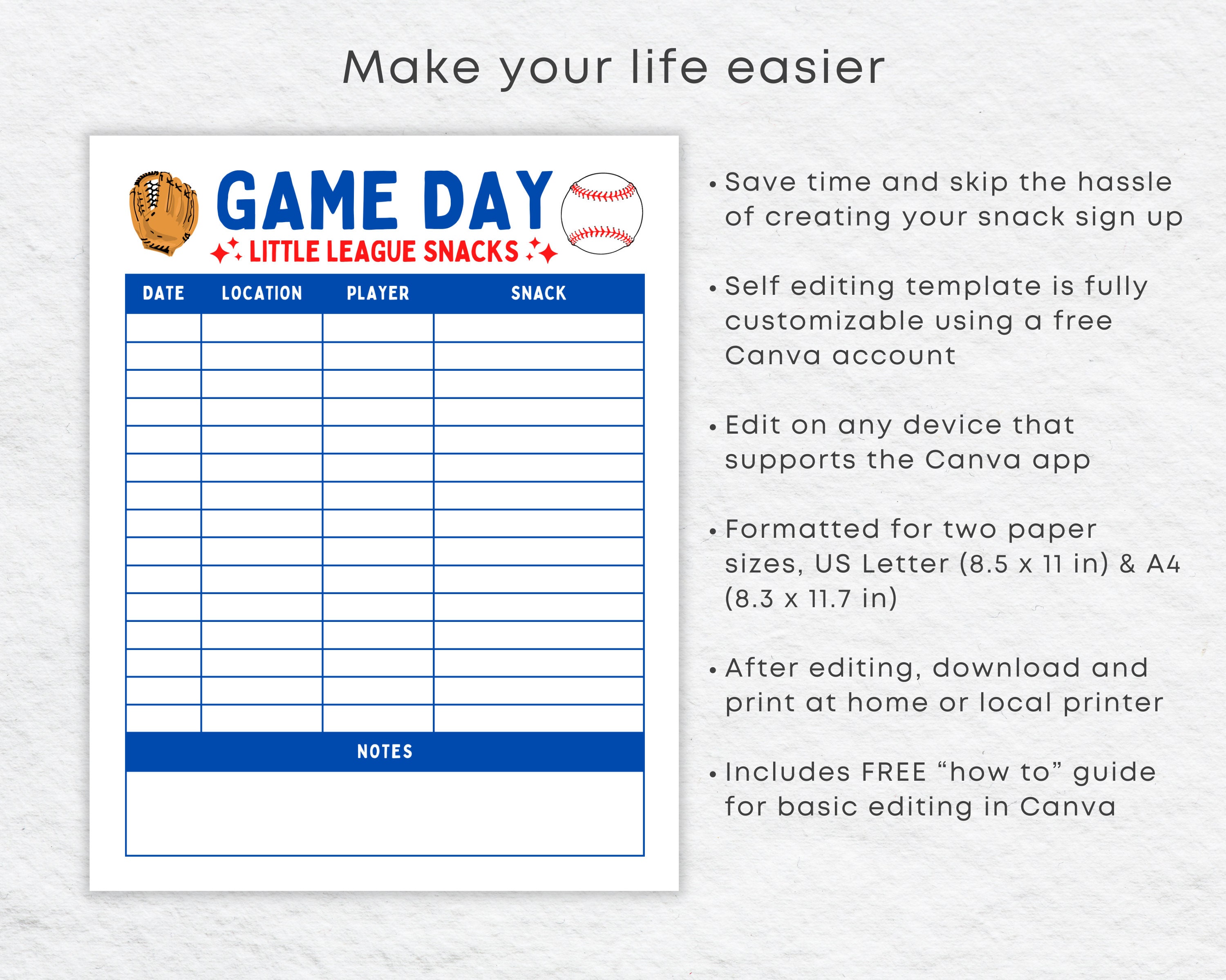 Editable Little League Snack Sign up Sheet Schedule Printable - Etsy