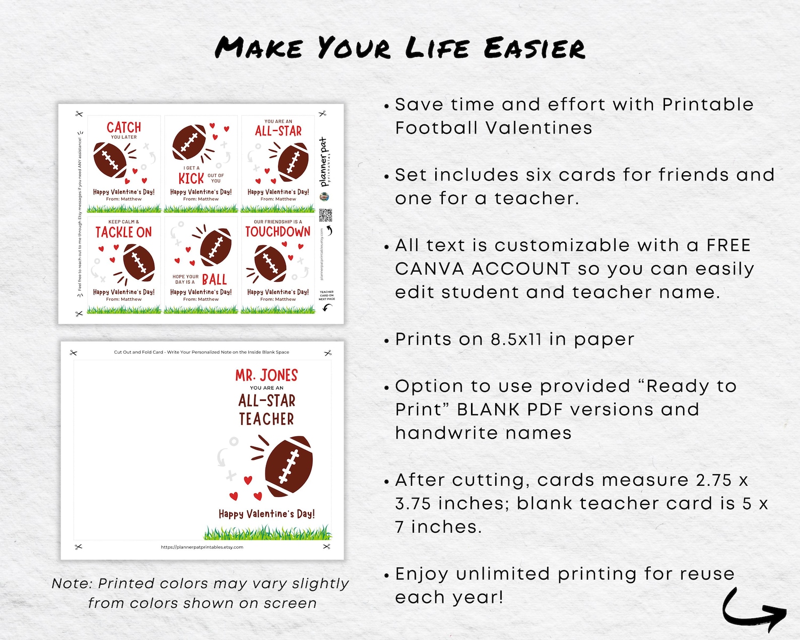 Printable Football Valentine Cards Set, Class Valentines for Kids ...
