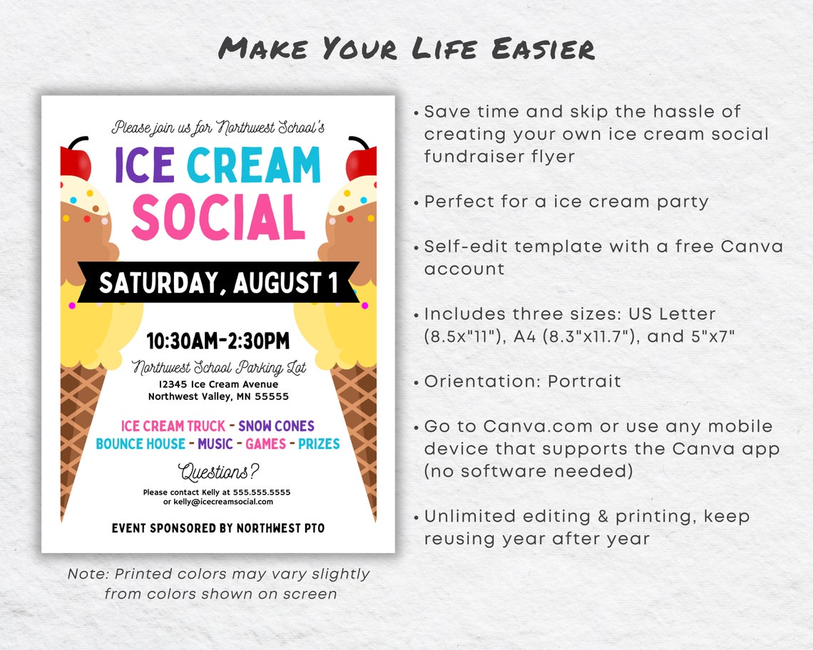 Editable Ice Cream Social Flyer Template: Printable Sundae Party Canva ...