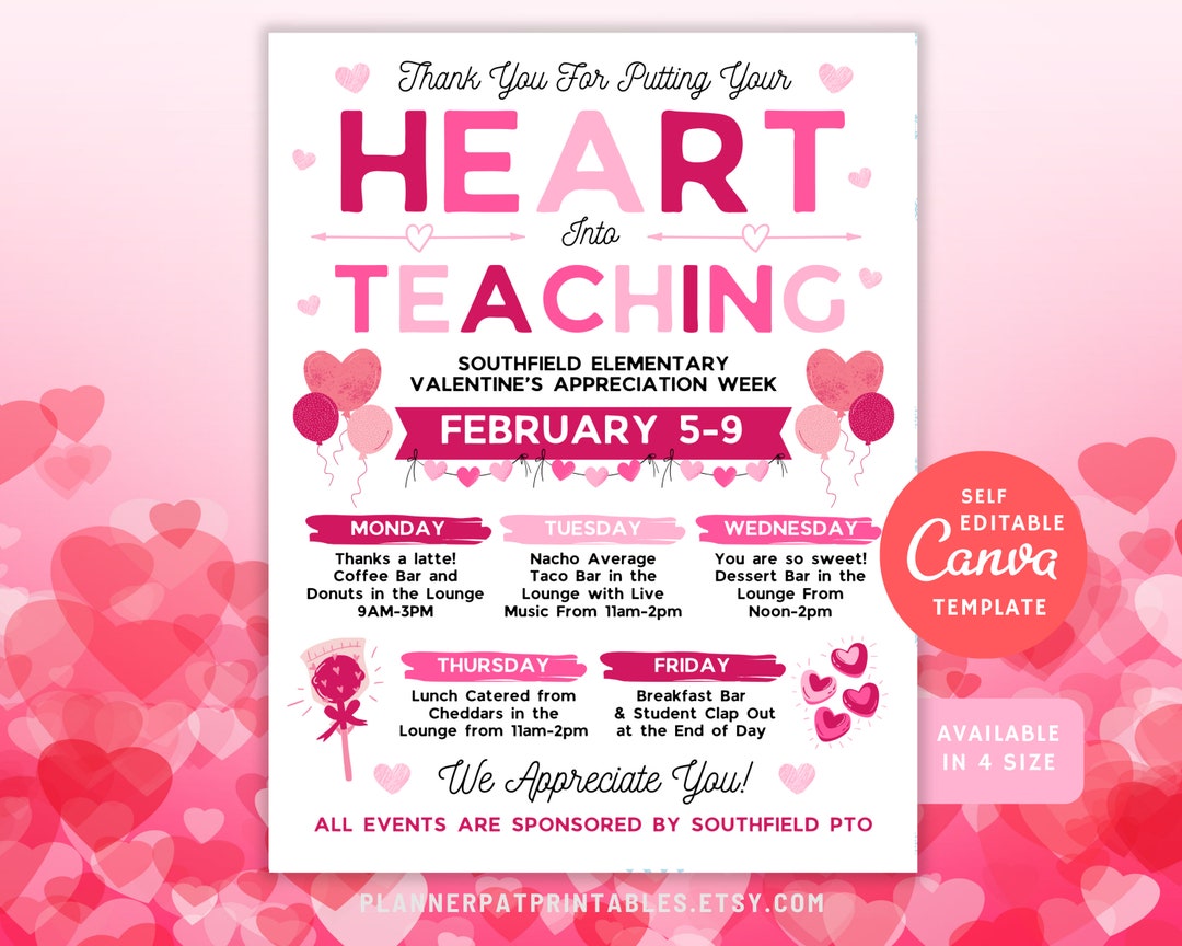 Editable Valentine Teacher Appreciation Week Schedule Flyer ...