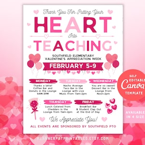 Valentine Teacher Appreciation Week Schedule Flyer (canva Editable) - Etsy