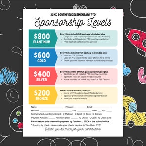 PTO PTA Sponsorship Levels Form Editable Template, Non-profit Form ...