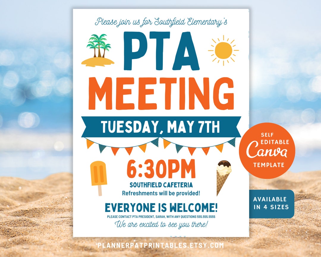 Editable June Meeting Flyer Printable, End of School PTO PTA Meeting ...