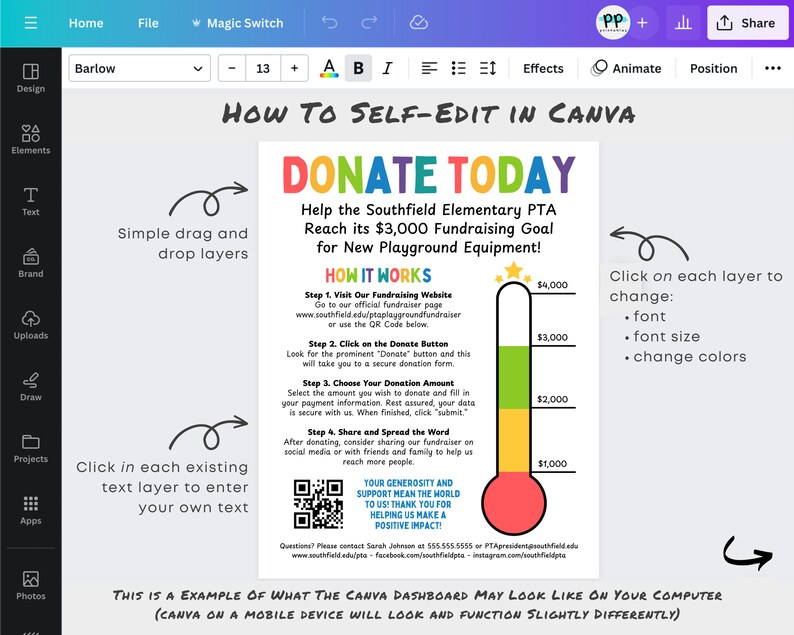 Editable PTA Fundraising Thermometer Flyer, PTO Donation Progress Chart ...