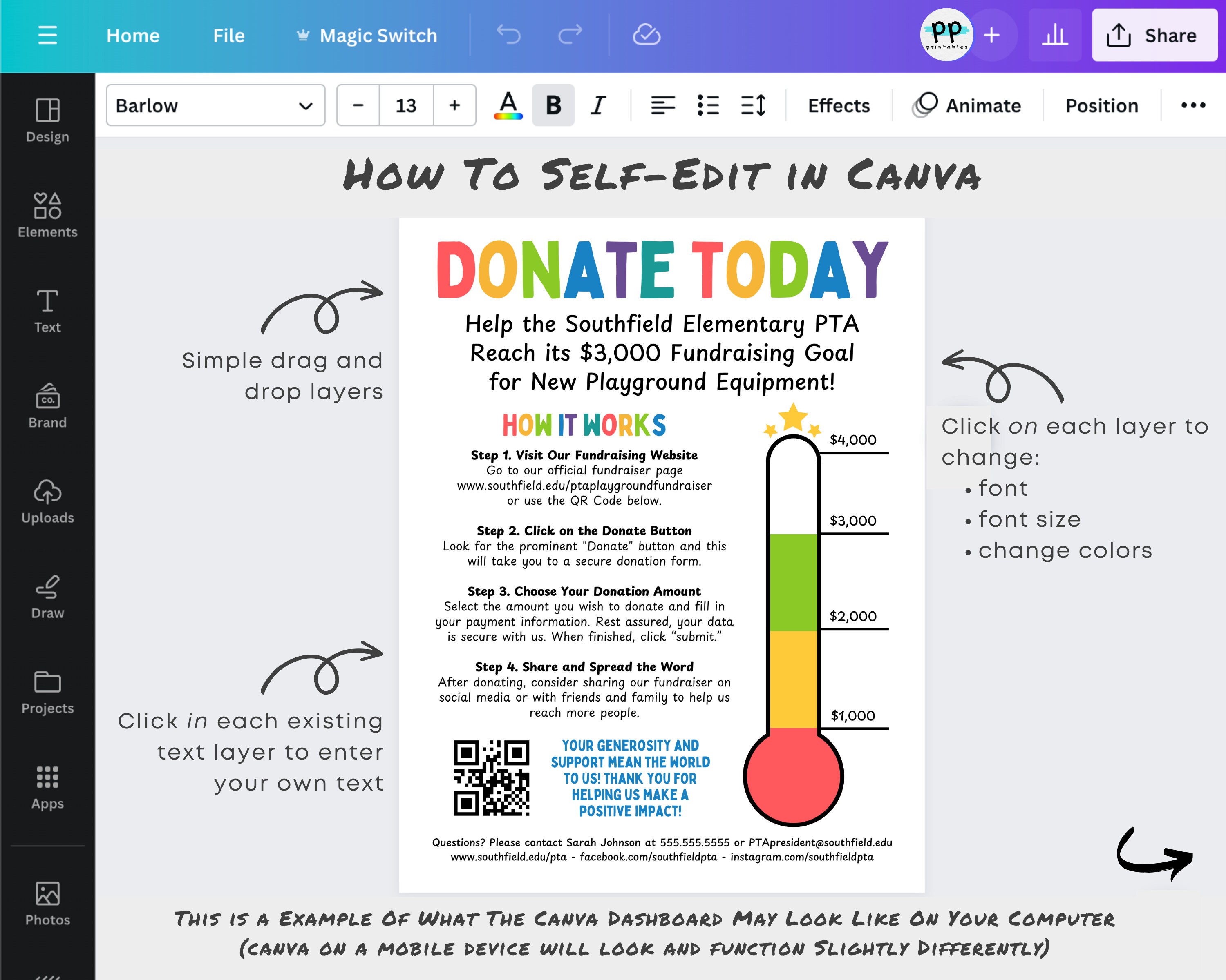 Editable School PTA PTO Fundraising Thermometer Flyer: Donation Tracker ...