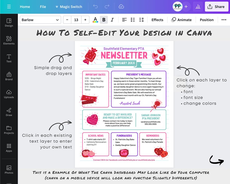 Editable PTA Newsletter Template, Valentines School Bulletin News ...