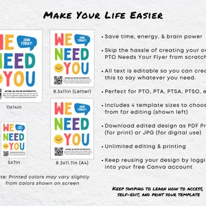 We Need You PTA PTO Flyer | Editable Canva Template for School ...