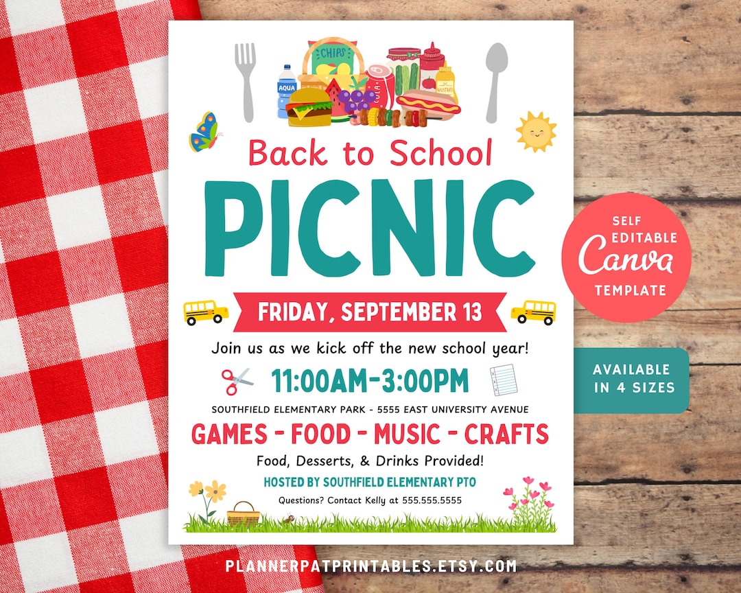 Back to School Picnic Flyer Template, Editable Welcome Back BBQ Invite ...