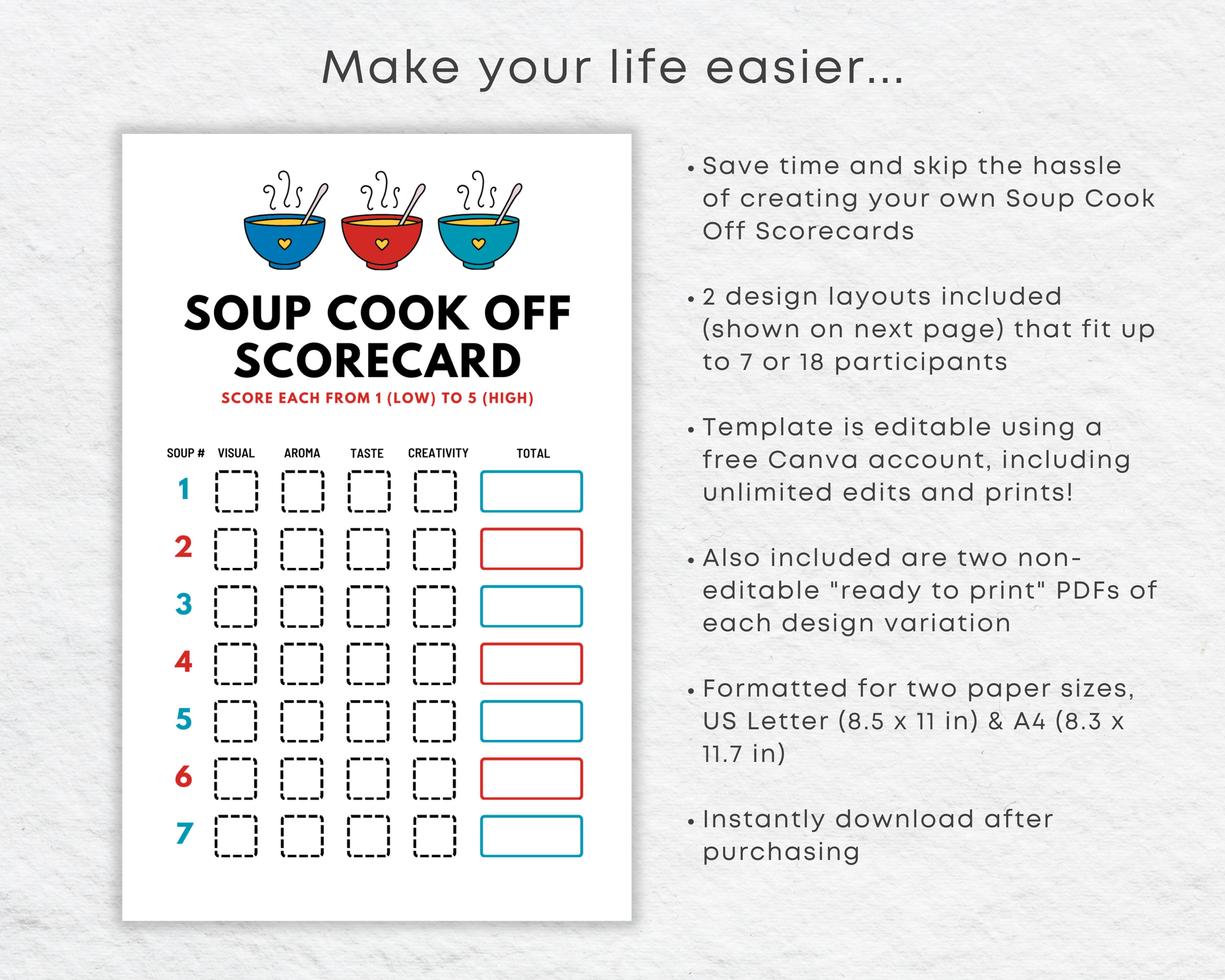 Soup Cook off Scorecard Printable for Soup Competition, Editable in ...