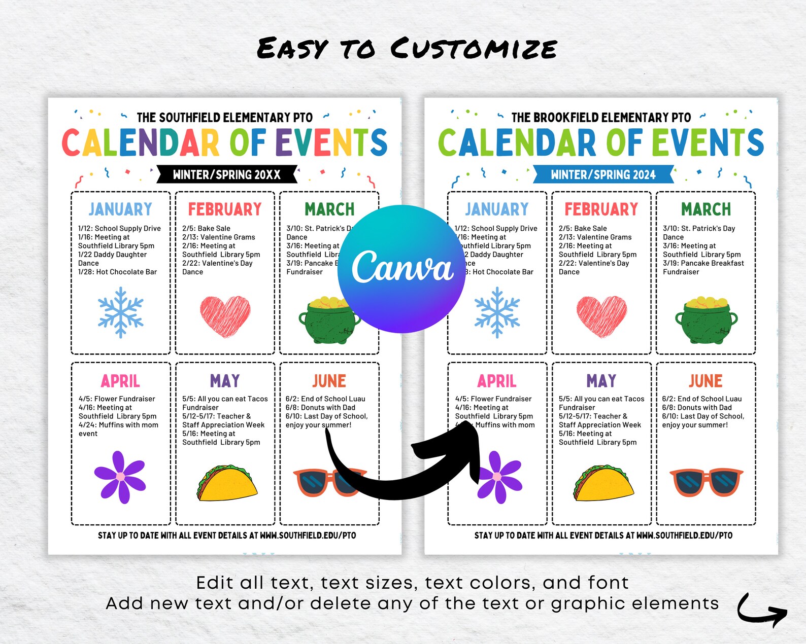 Editable Spring PTA Calendar of Events, Customizable PTO Events ...