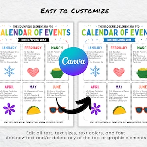 Editable Spring PTA Calendar of Events, Customizable PTO Events ...