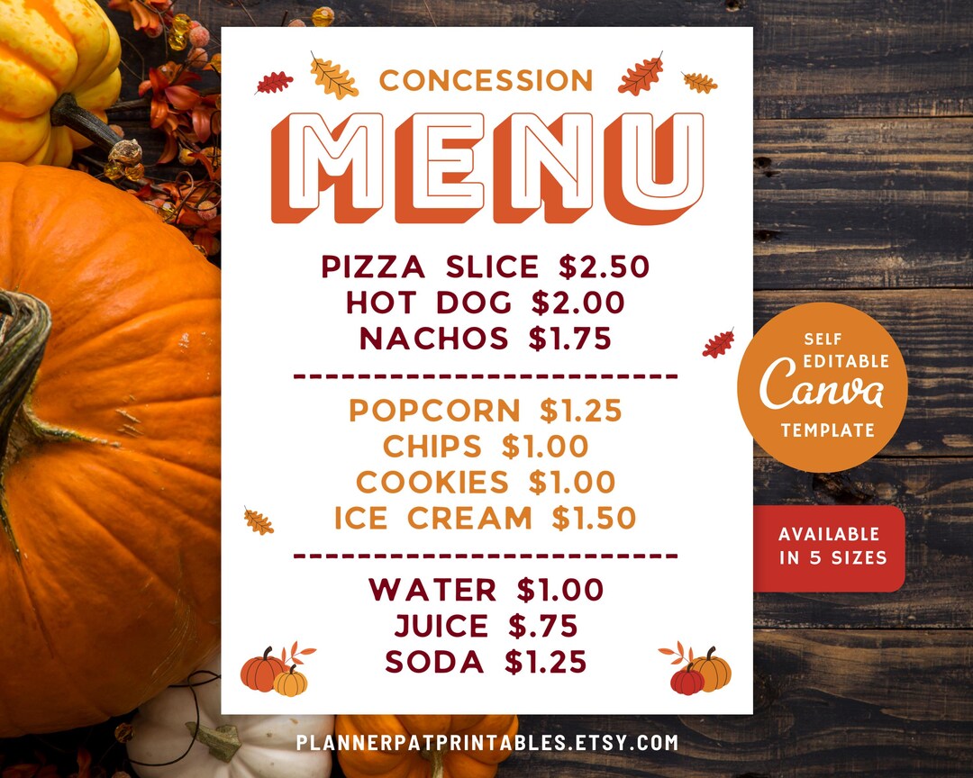 Editable Fall Concession Stand Menu Template: Printable Sign (canva ...