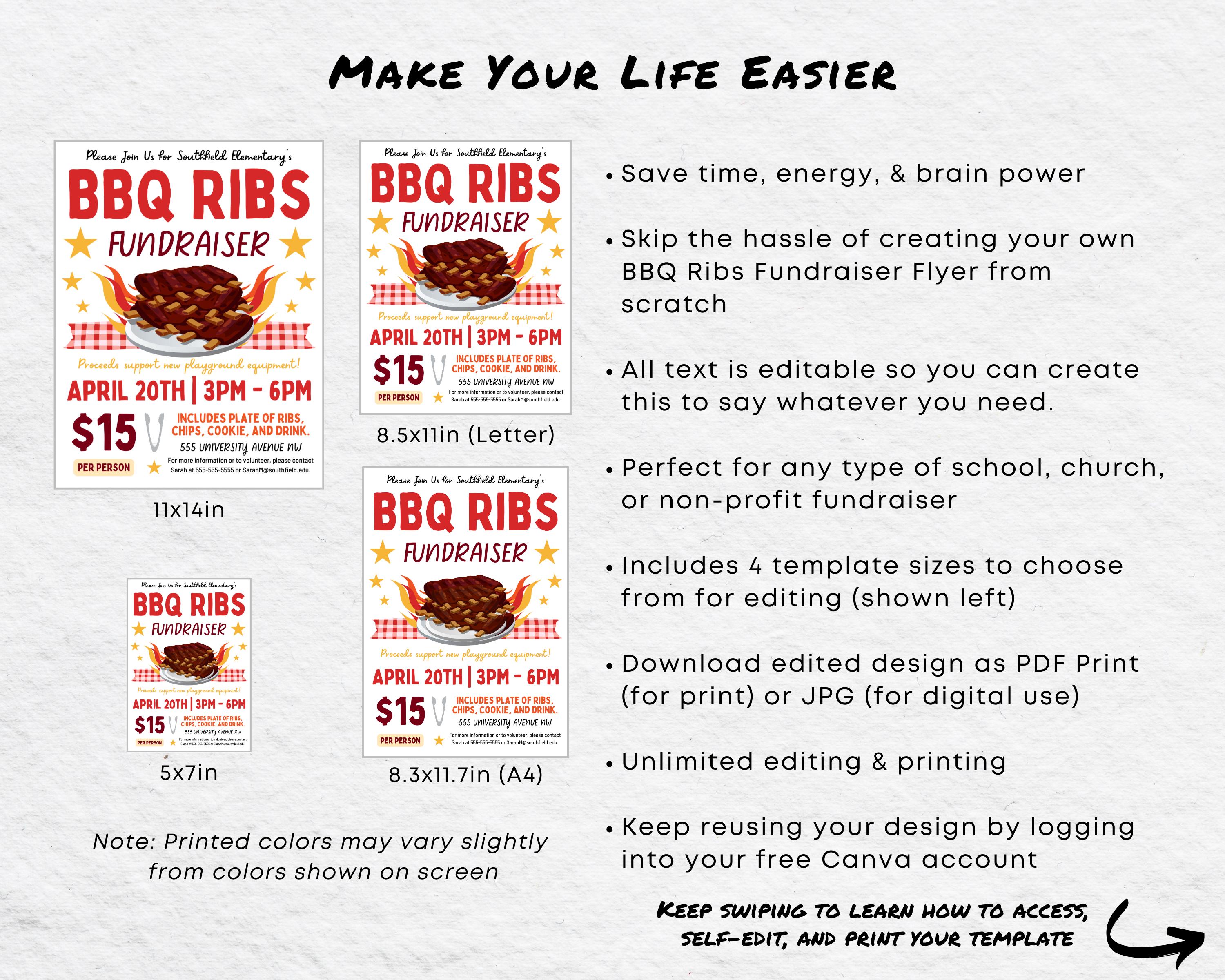 BBQ Ribs Fundraiser Flyer Template: Editable Flyer Printable (canva ...
