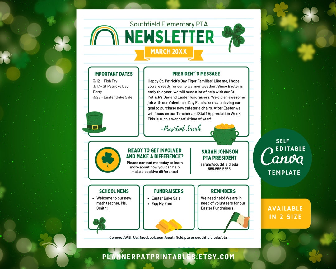 Editable March Newsletter Template, St Patricks PTO PTA School News ...