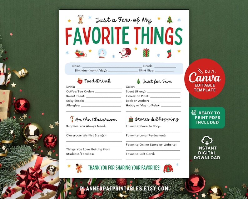 Christmas Teacher Favorite Things List: Editable Gift Questionnaire ...