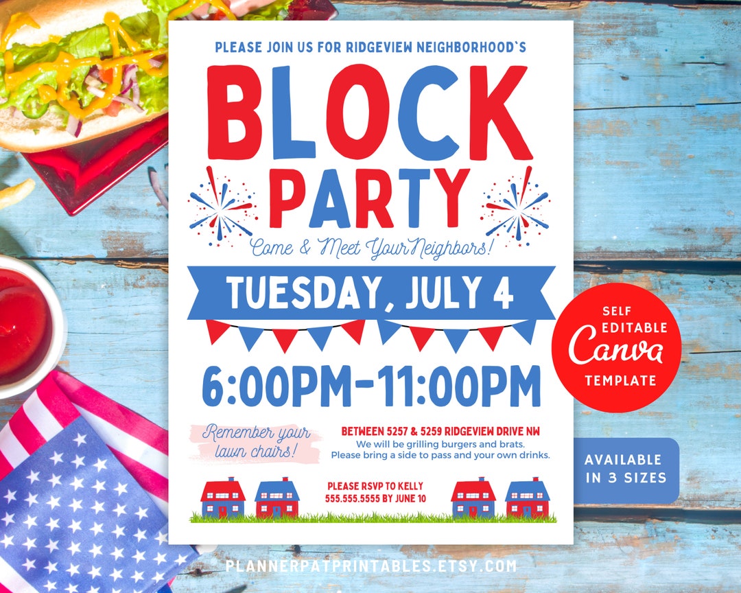 4th of July Block Party Flyer Editable Template, Patriotic Neighborhood ...