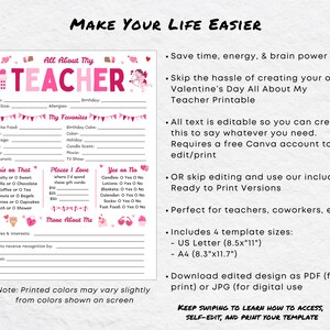 Valentine's Themed All About My Teacher Printable, Favorite Things ...