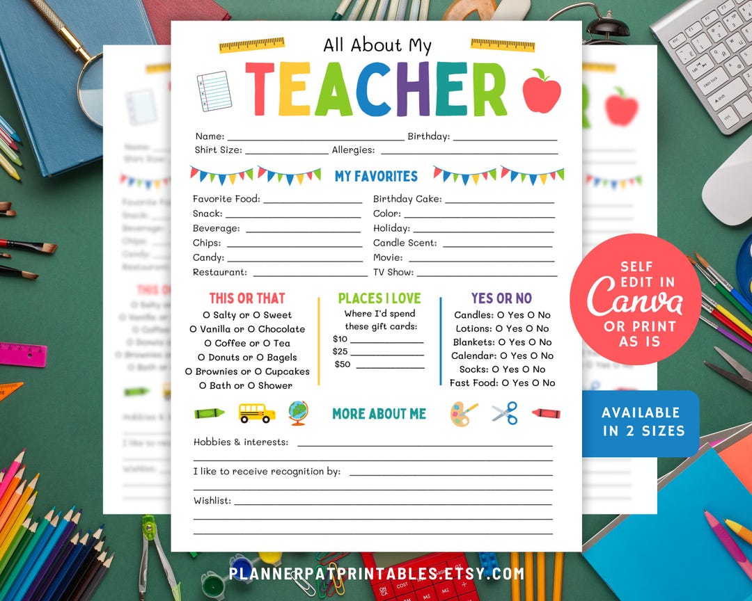 All About My Teacher Printable, Favorite Things Questionnaire, Ready to ...