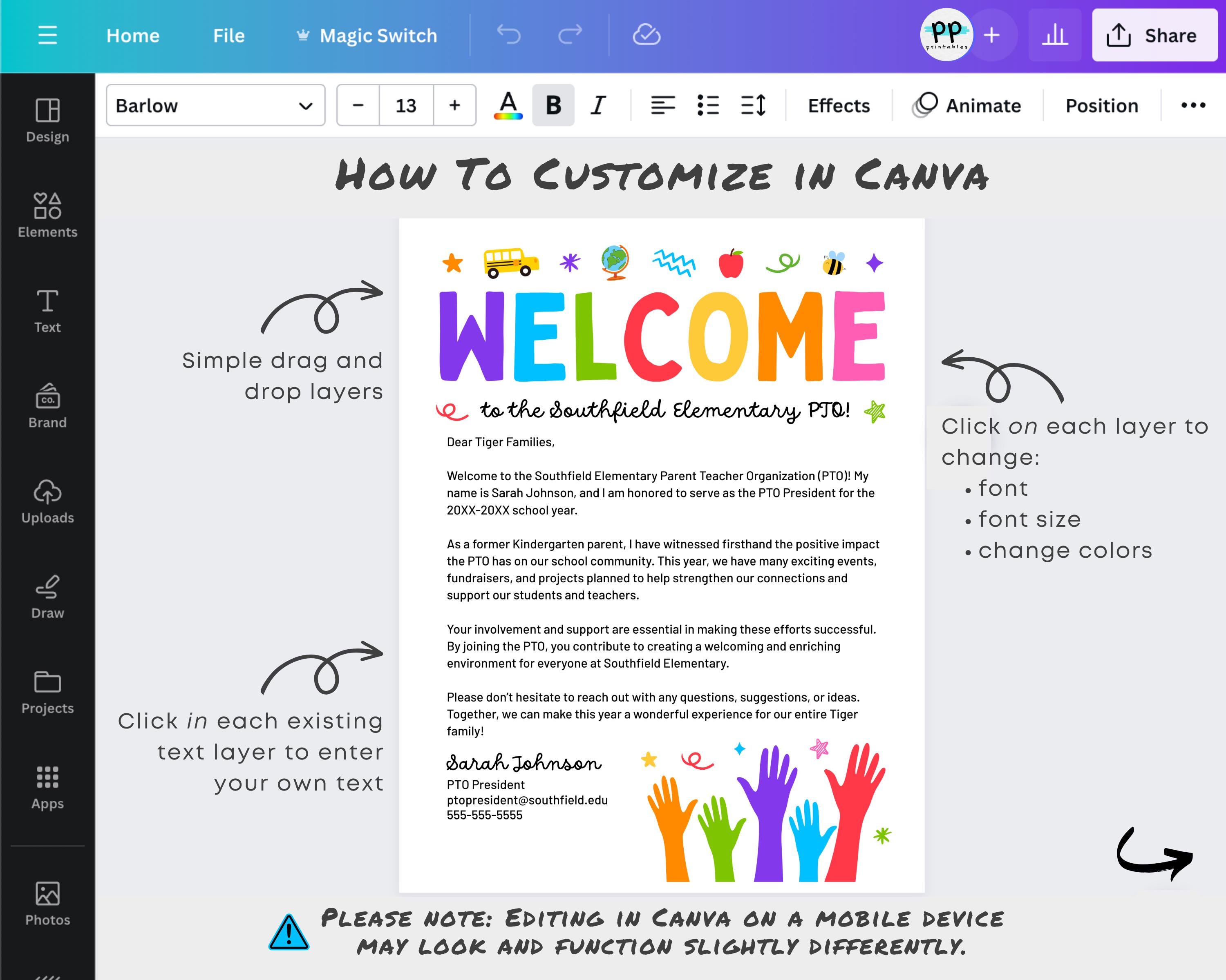 Editable PTA PTO Welcome Letter Template: Canva Printable Note (digital ...