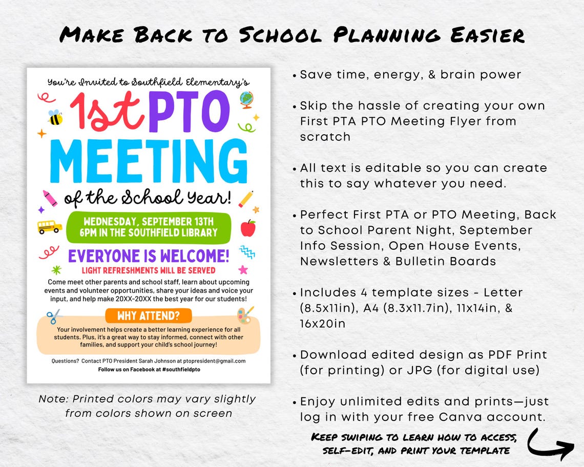 Editable PTA PTO Meeting Flyer | Canva Parent Group Invitation Template ...
