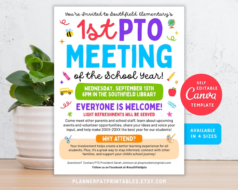 Editable PTA PTO Meeting Flyer | Canva Parent Group Invitation Template ...