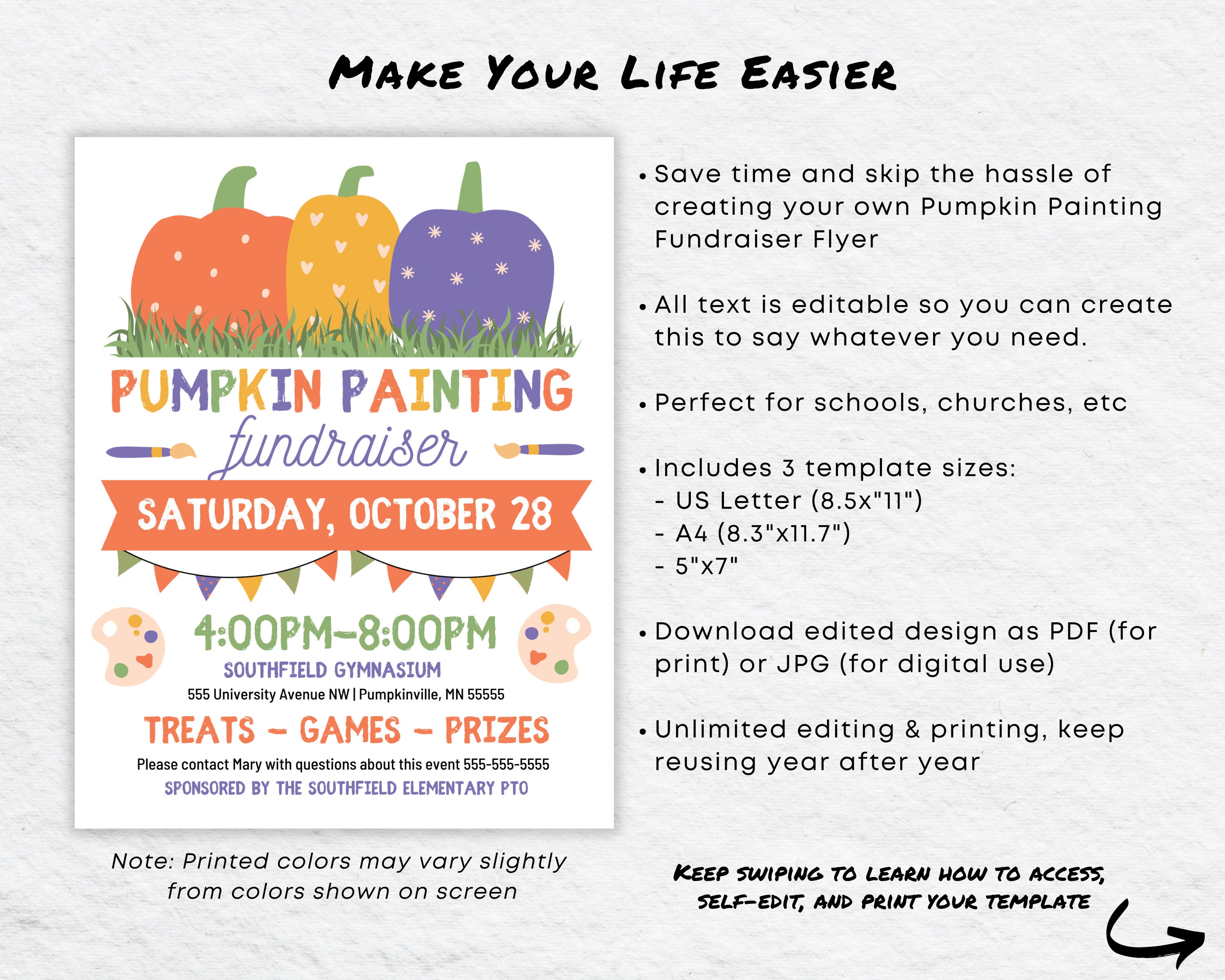 Editable Pumpkin Painting Flyer, Halloween School Fundraiser Invitation ...