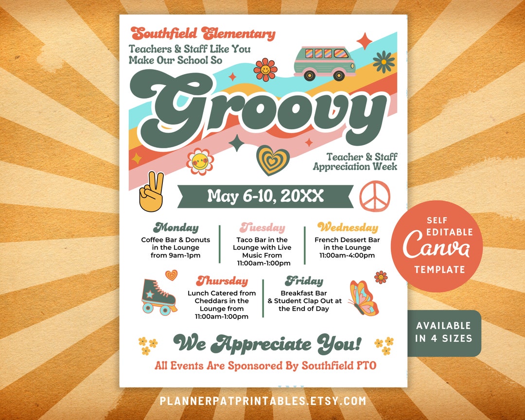 Groovy Teacher Appreciation Week Itinerary Flyer: Retro 60s 70s (canva ...