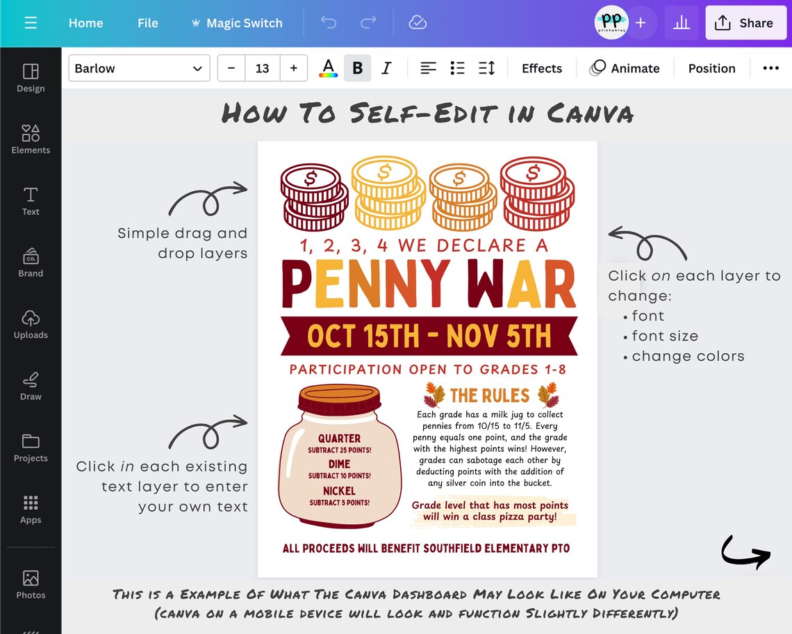 Fall Themed Penny War Flyer Editable Template, Coin Drive Fundraiser ...