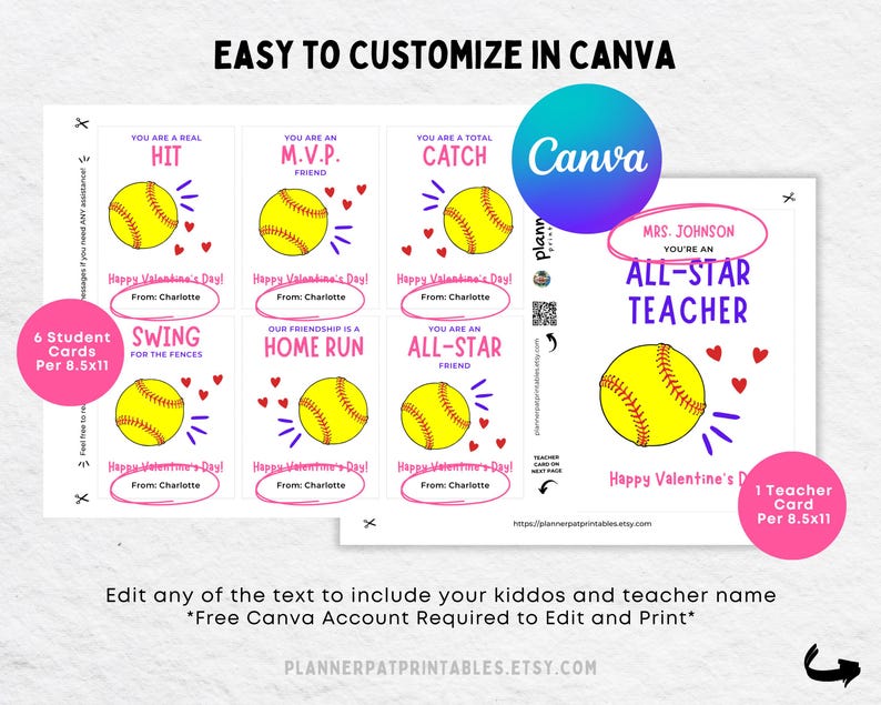 Softball Valentine Cards | Classroom Exchange Sports Tags for Girls (editable & Printable, Canva ...