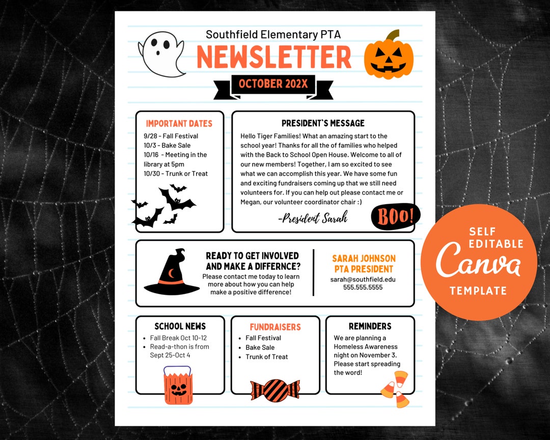 Editable October PTA Newsletter Template: Fall Halloween News (canva ...
