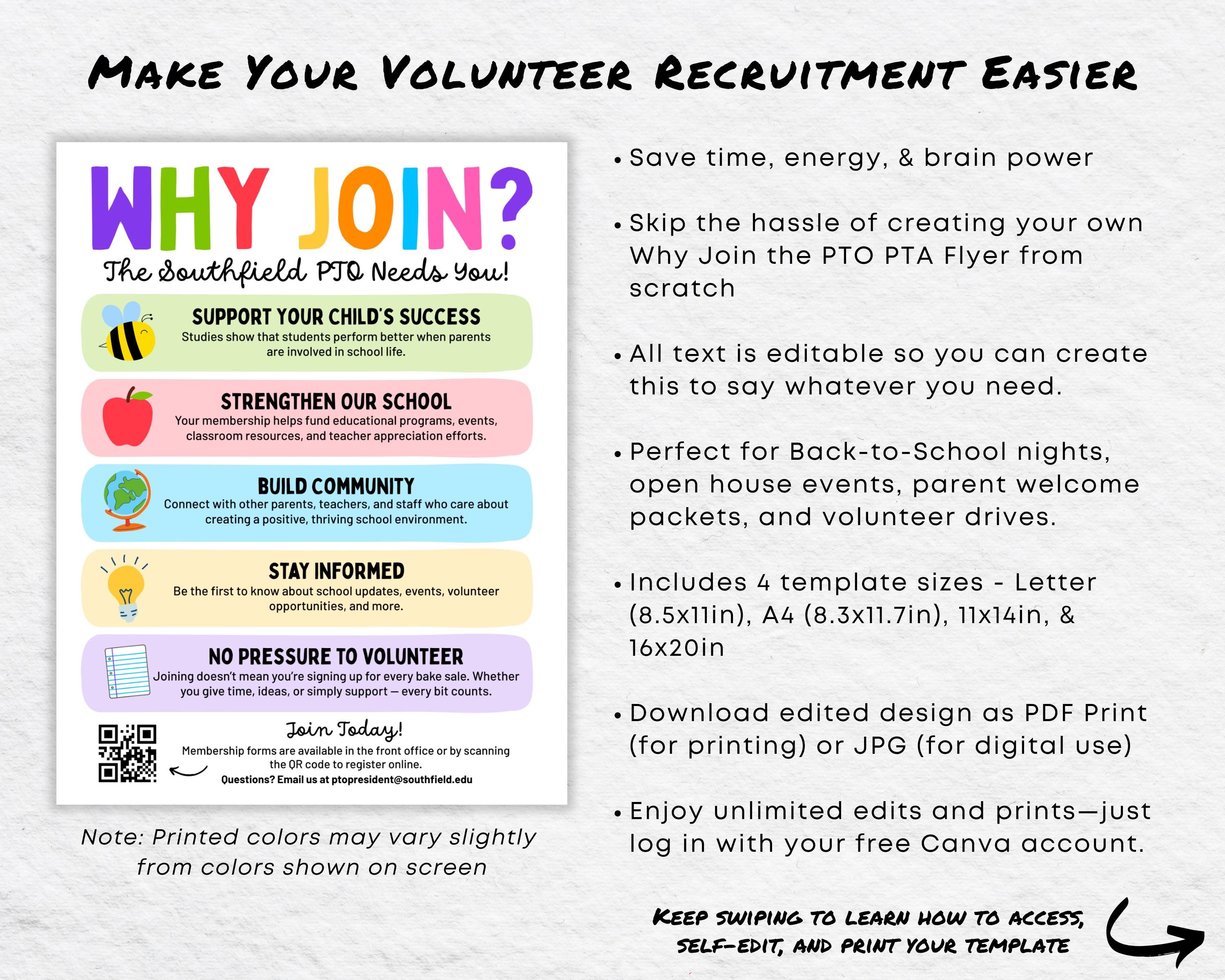 Editable Why Join the PTO PTA Flyer Template: Volunteer Recruitment ...