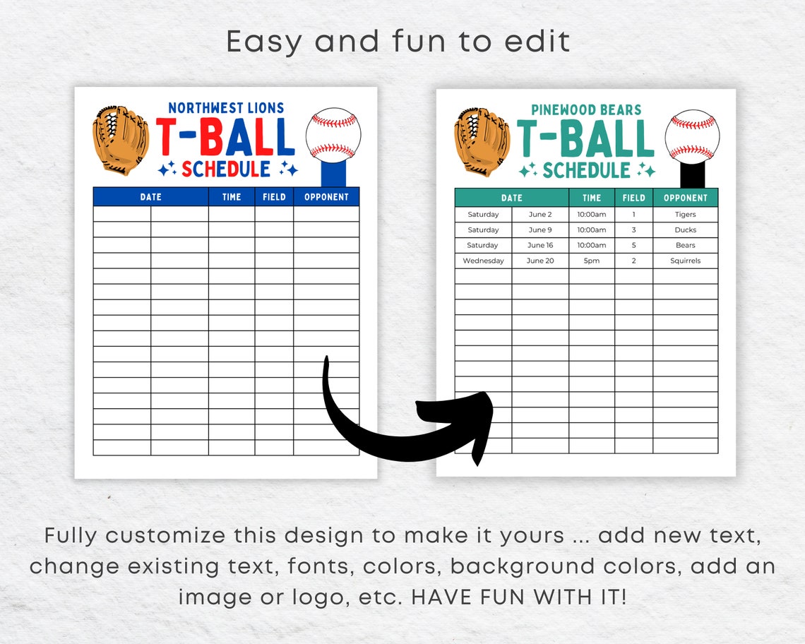 Editable T-ball Schedule Template | Youth Sports Practice Planner ...