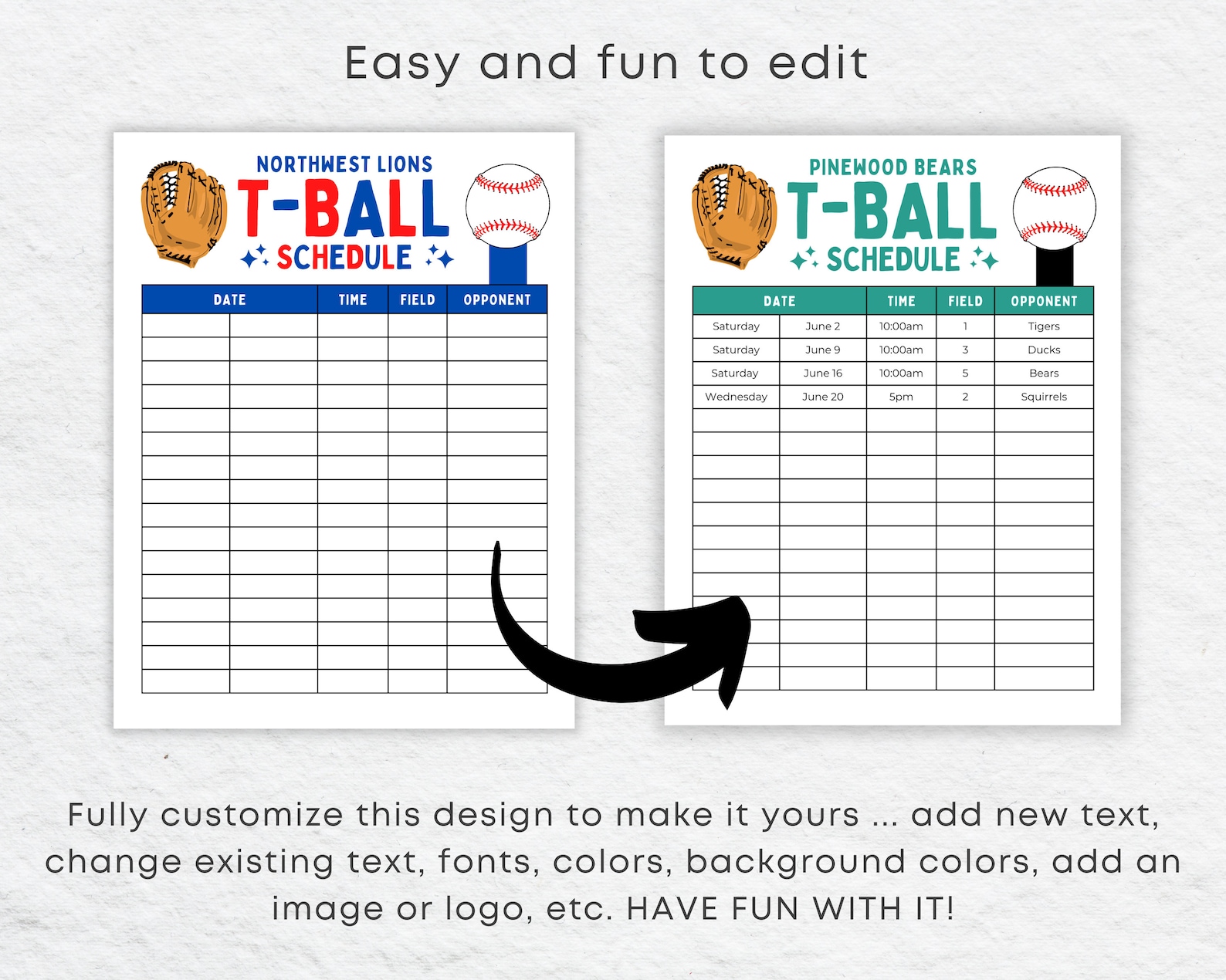 Editable T-ball Schedule Template | Youth Sports Practice Planner ...