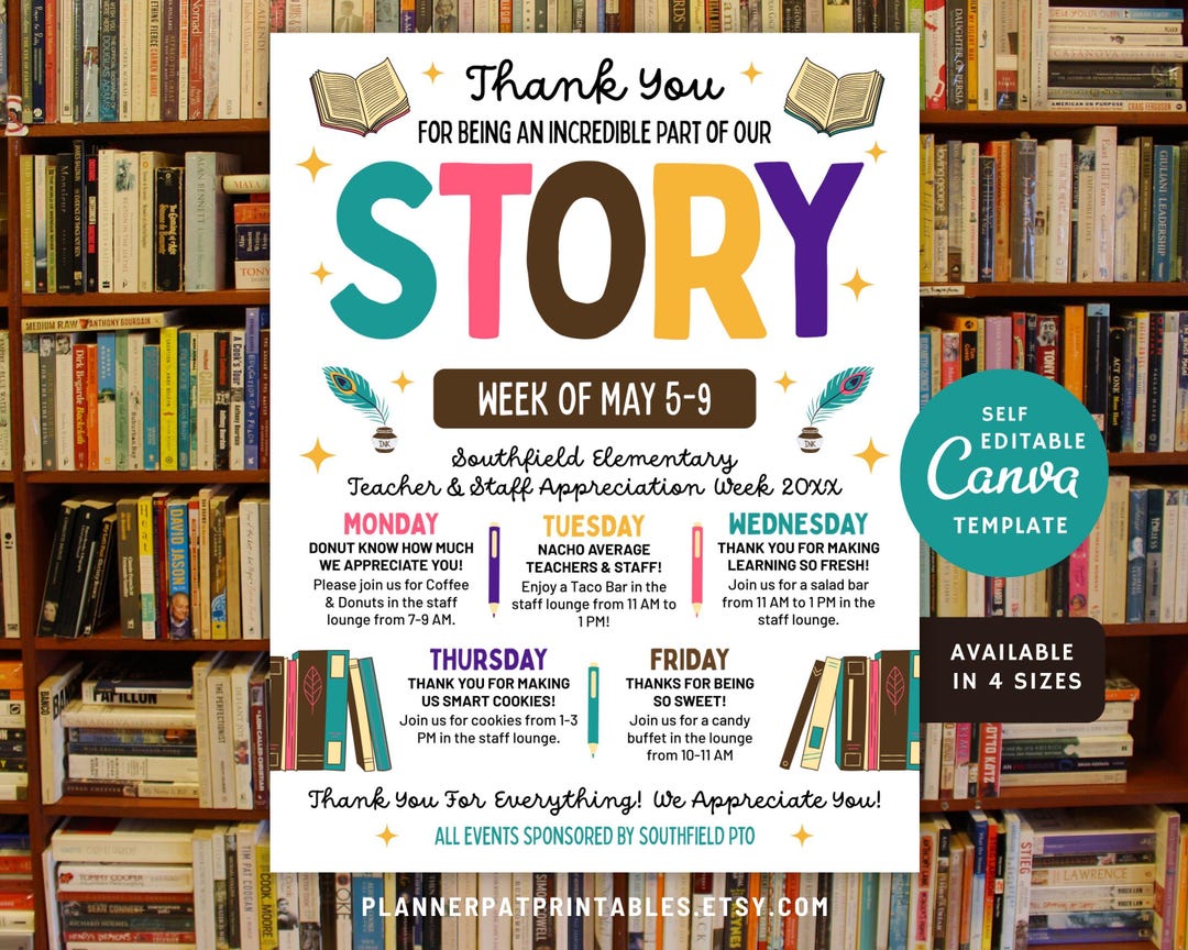 Editable Storybook Theme Teacher & Staff Appreciation Day Book Themed ...