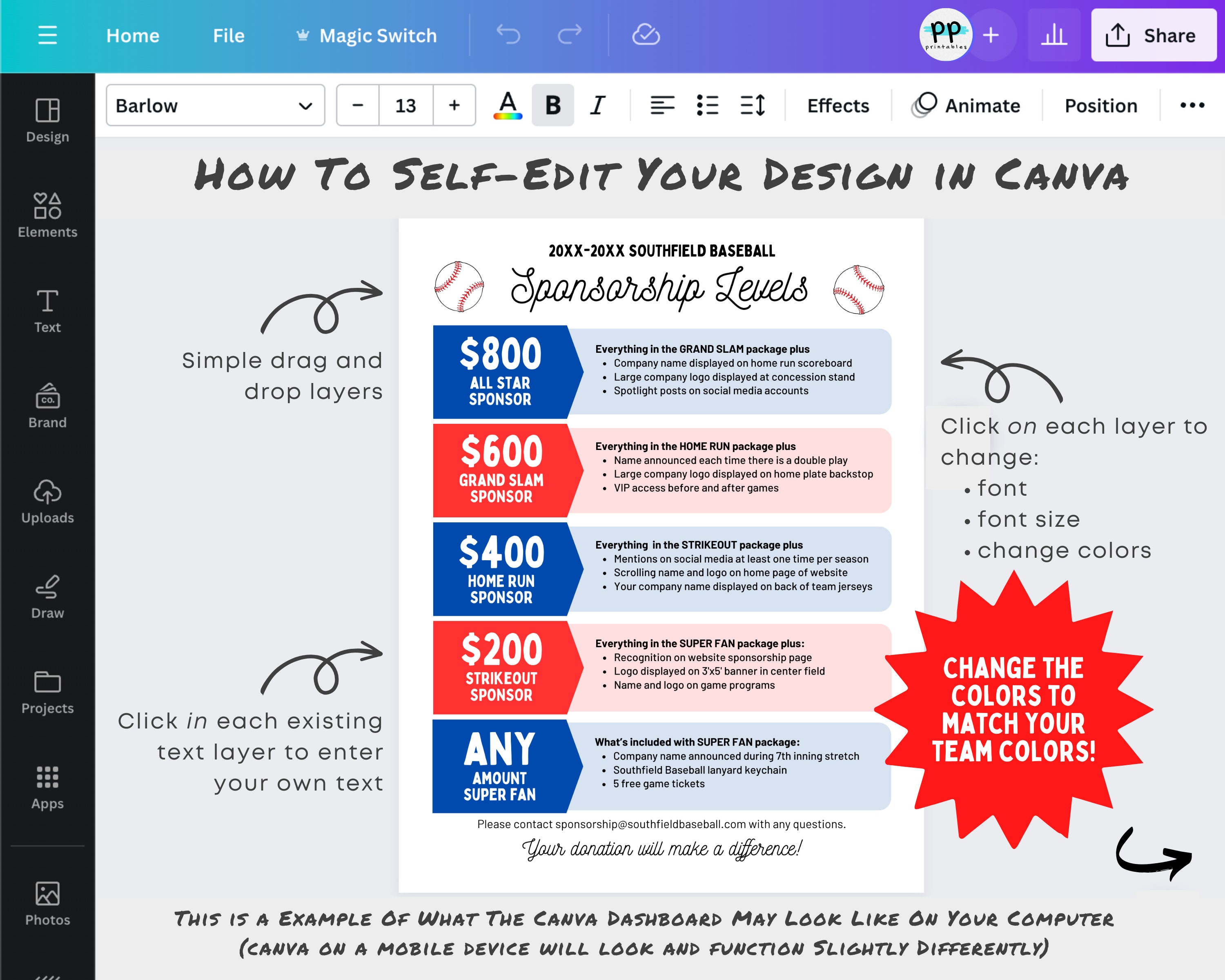 Baseball Sponsorship Levels Form Editable Template: Sponsor Menu ...