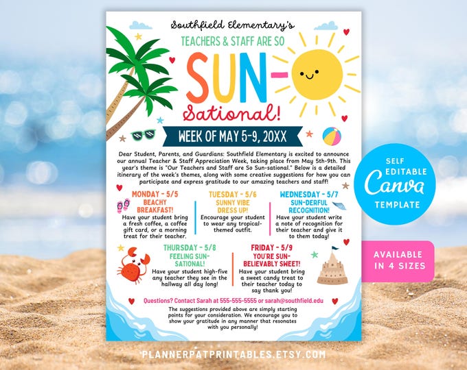 Editable Beach Theme Teacher & Staff Appreciation Sunsational Itinerary ...