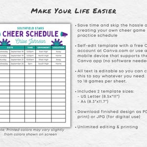 Editable Cheer Schedule Template, Cheerleader Practice or Game Calendar ...