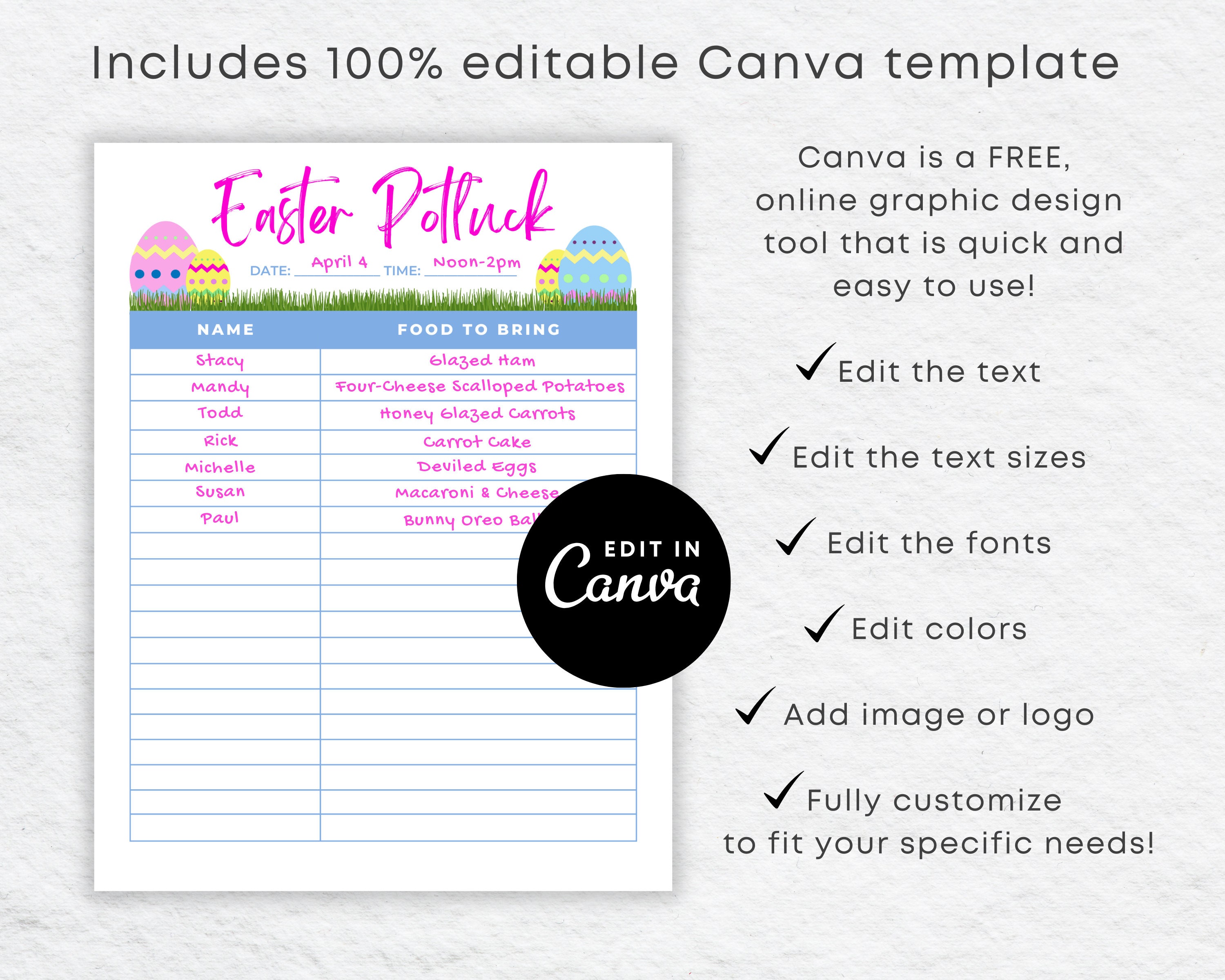 Editable Easter Potluck Sign up Sheet for Office Potluck Party, Canva ...