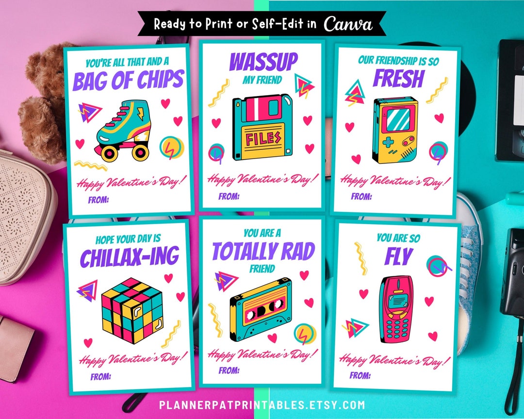Printable 90s Valentines Day Cards for Kids, DIY Retro Valentine Cards ...