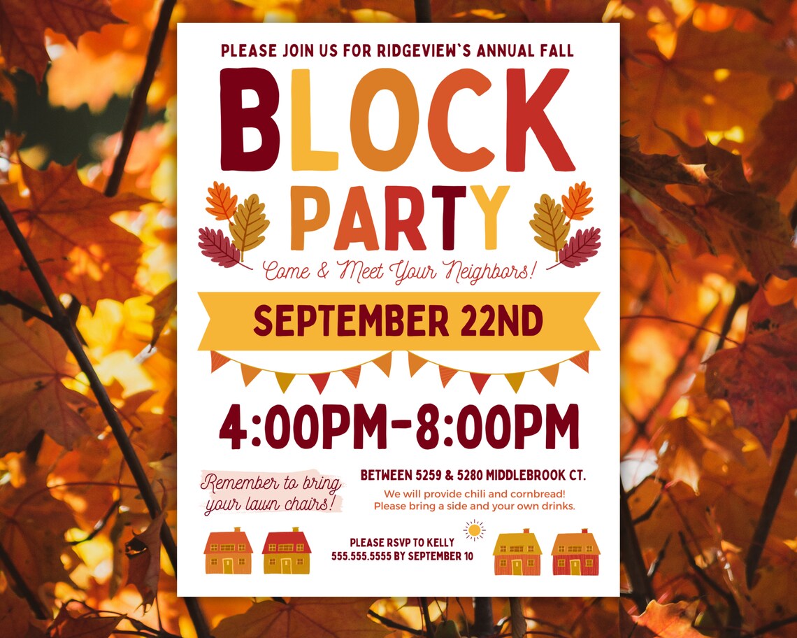 Fall Block Party Flyer Editable Template for Autumn Neighborhood Party ...