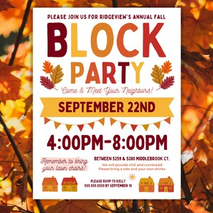 Fall Block Party Flyer Editable Template for Autumn Neighborhood Party ...