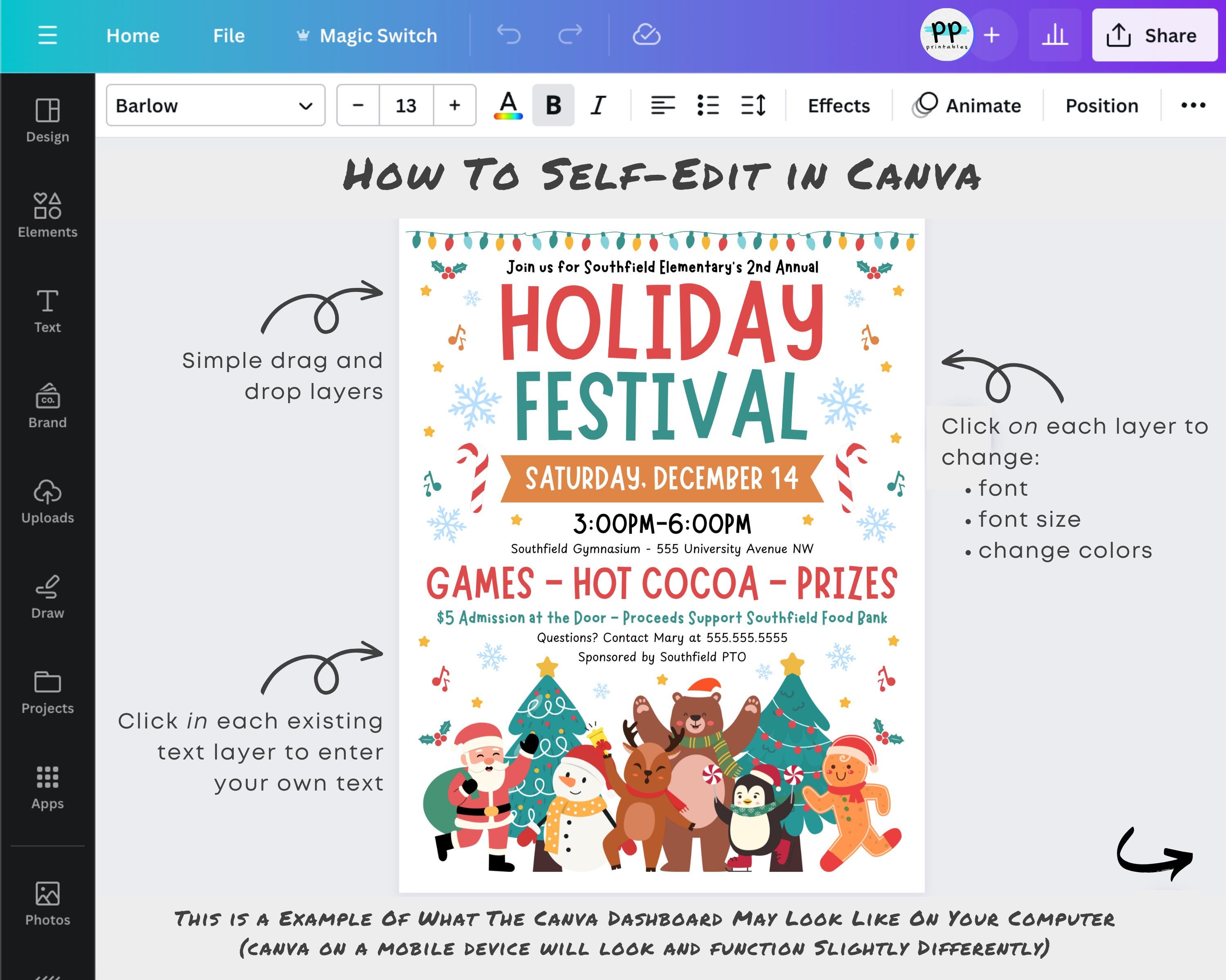 Editable Christmas Festival Flyer Template: School Party Invitation ...