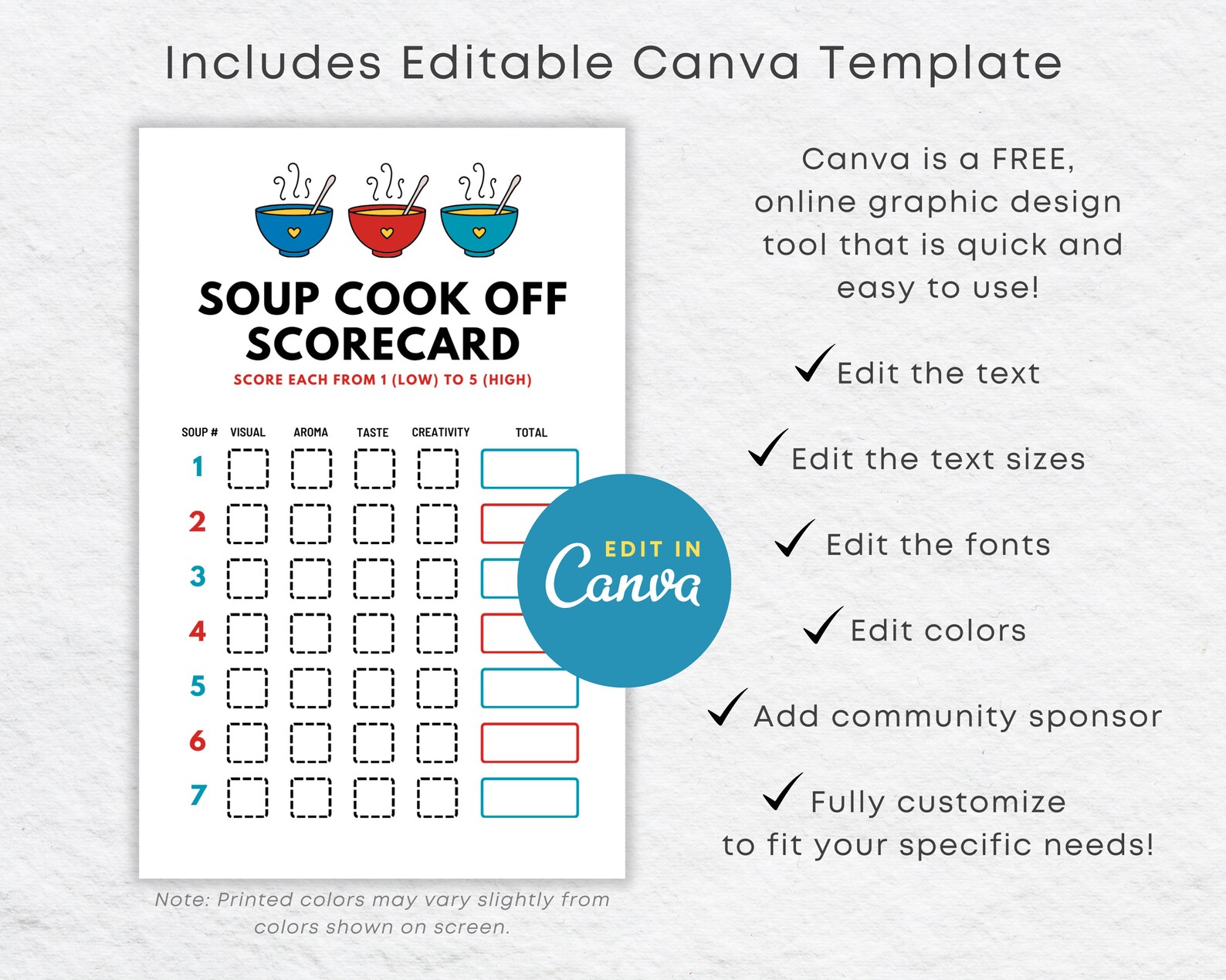 Soup Cook off Scorecard, Cooking Competition Printable (canva Template ...