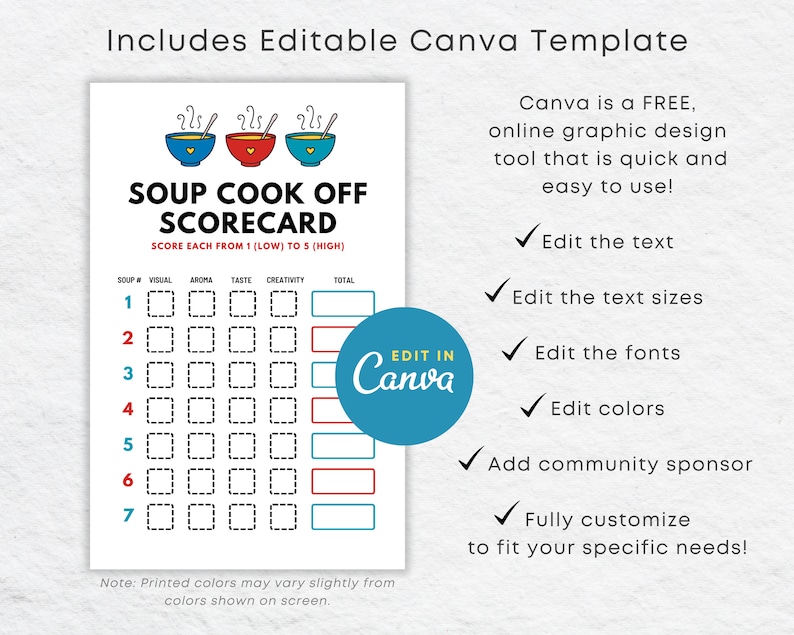Soup Cook off Scorecard Printable for Soup Competition, Editable in ...