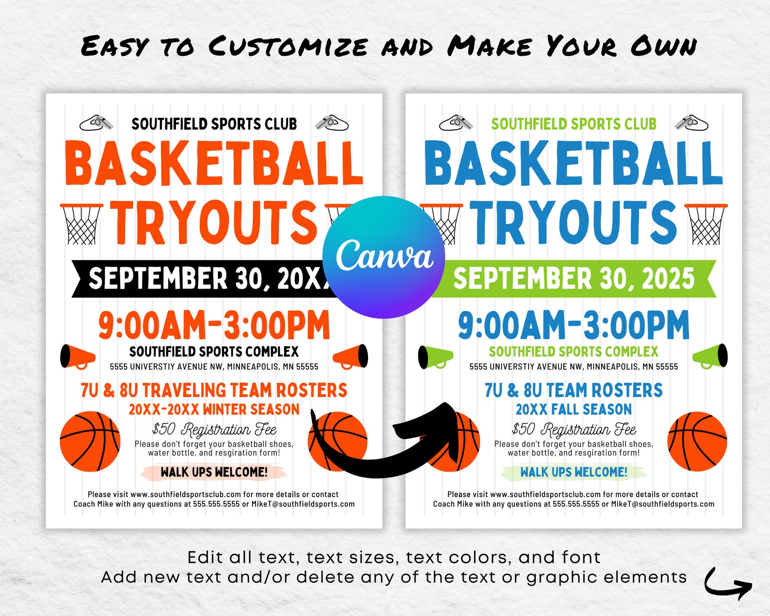 Editable Basketball Tryout Flyer Template, Youth Sports Registration ...