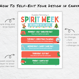 Editable Christmas Spirit Week Flyer Canva Template, December School ...