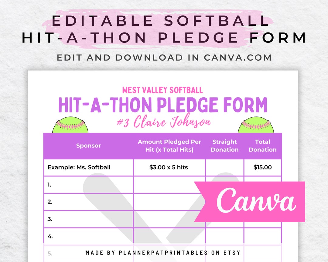 Editable Softball Hit-a-thon Fundraiser Form Pledge Sheet Canva ...