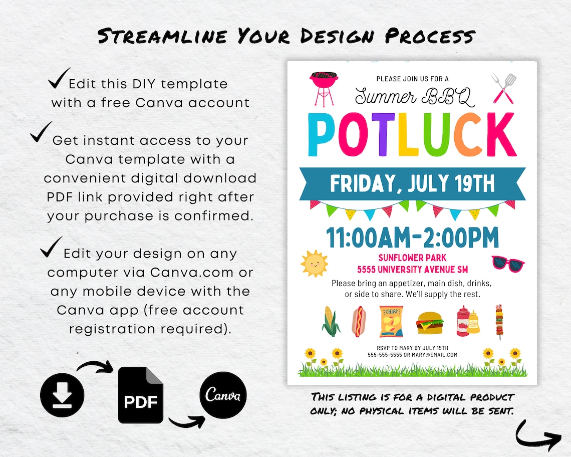 Summer BBQ Potluck Flyer Editable Template, Community BBQ Cookout ...