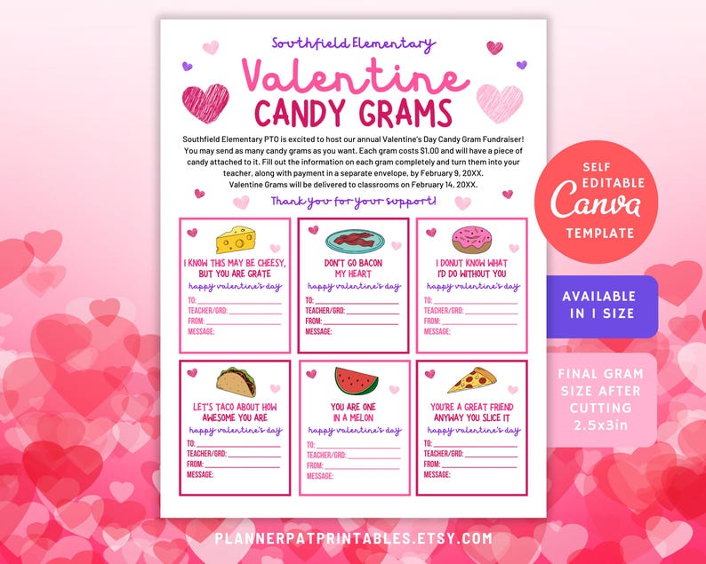 Valentine Candy Gram Template: School Fundraiser Printable (canva ...